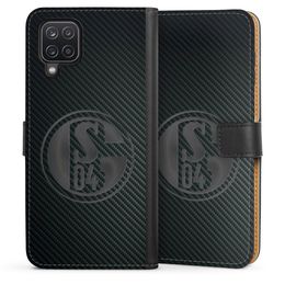 DeinDesign Galaxy A12 Handy Klapph&uuml;lle Handyh&uuml;lle aus Kunst Leder schwarz Flip Case Fc Schalke 04 Metallic Look Carbon Sideflip mit langer Lasche
