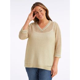 sheego Damen Ajourpullover, Braun, Gr. 48/50, V-Ausschnitt Pullover, Material: Polyacryl