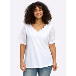 sheego by Joe Browns Damen V-Shirt mit Lochstickereien und Muschelsaumkante, wei&szlig;, Gr&ouml;&szlig;e 48/50