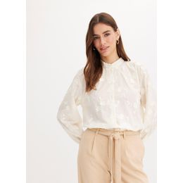 bonprix Schlupfbluse aus reiner Baumwolle, wei&szlig;, Gr.52, Leicht transparente Bluse mit Blumen-Applikation, aus 100% Baumwolle