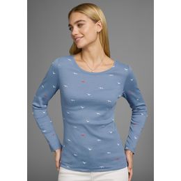 Kangaroos Damen Langarmshirt, blau, Gr. 48, bedruckt, kontrastfarbene Details, unifarben, Rippware, Obermaterial: 60% Baumwolle, 40% Polyester,
