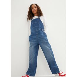 bonprix Jeans-Latzhose Mid Waist, blau, Gr.164, Coole weit geschnittene M&auml;dchen Jeans-Latzhose mit vielen Taschen und soften Used-Effekten, 82% Baumwolle