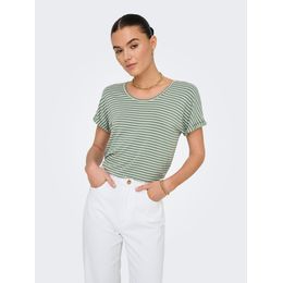 Jacqueline de Yong Kurzarmshirt JDY "JDYSISSY S/S O-NECK TOP JRS", Damen, Gr. XS, sea spray stripes:cloud dancer, Jersey, Obermaterial: 96% Viskose, 4% Elasthan, gestreift, regular fit normal, Rundhals, mit Umschlag, Shirts Kurzarmshirt