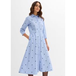 bonprix Hemdblusenkleid aus reiner Bio-Baumwolle, blau, Gr.40, Hemdblusenkleid mit Herz-Stickerei, aus 100% Baumwolle