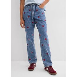 bonprix Loose Straight-Jeans High Waist Baumwolle, blau, Gr.36, Loose Straight-Jeans High Waist mit Herz-Stickerei aus Baumwolle, aus 100% Baumwolle