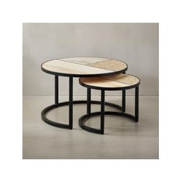 KADIMA DESIGN Industrie-Stil Beistelltisch Set, Rattan und Holz, Handgefertigt | Gr.: onesize