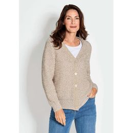 GOLDNER Kurzgr&ouml;&szlig;e: Langarm Strickjacke mit V-Ausschnitt in stein / wei&szlig; / gemustert | Gr.: 21
