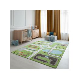 KADIMA DESIGN Kinderteppich Waschbar Spielstra&szlig;e TRAUN Strapazierf&auml;hig OEKO-TEX in Gr&uuml;n | Gr.: 80 x 120 cm