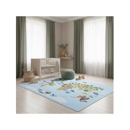 KADIMA DESIGN Teppich Kinder Weltkarte mit Tieren Polyamid rutschfest Kinderzimmer | Gr.: 80 x 120 cm