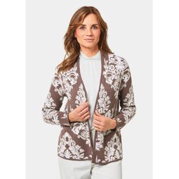 GOLDNER Kurzgr&ouml;&szlig;e: Jacquard-Strickjacke mit Glanzgarnen in toffee / stein / gemustert | Gr.: 22