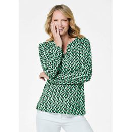 GOLDNER Kurzgr&ouml;&szlig;e: Elegantes Blusenshirt mit V-Ausschnitt in gr&uuml;n / gemustert | Gr.: 19