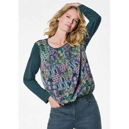 GOLDNER Kurzgr&ouml;&szlig;e: Langarm Chiffonbluse mit Patch-Druck in dunkelgr&uuml;n / gemustert | Gr.: 20