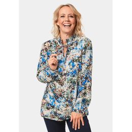 GOLDNER Druckbluse mit raffinierter Ausschnittl&ouml;sung in schwarz / azurblau / gemustert | Gr.: 40