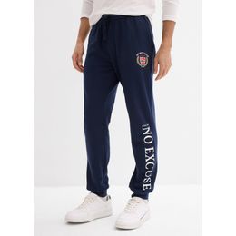 bonprix Jogginghose aus reiner Baumwolle, blau, Gr.60/62 (XXL), Coole Jogginghose im Regular Fit mit seitlichem Print, aus 100% Baumwolle