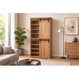 Highboard 80x45x175 cm Akazienholz massiv natur gusseiserne Elemente LIANO III