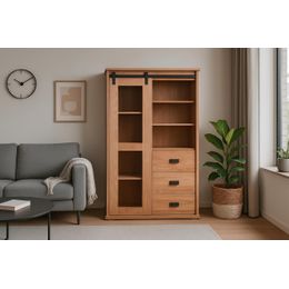 Highboard 100x45x175 cm Akazienholz massiv natur gusseiserne Elemente LIANO IV