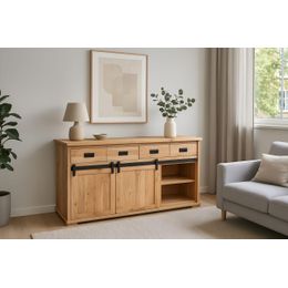 Sideboard 150x45x90 cm Akazienholz massiv natur gusseiserne Elemente LIANO II