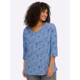 sheego Gro&szlig;e Gr&ouml;&szlig;en 3/4-Arm-Shirt mit Herzen und Bl&uuml;ten verziert, bleu, Gr&ouml;&szlig;e 50 - Damen