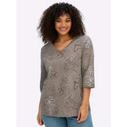 sheego Gro&szlig;e Gr&ouml;&szlig;en 3/4-Arm-Shirt mit Herzen und Bl&uuml;ten verziert, taupe, Gr&ouml;&szlig;e 46 - Damen