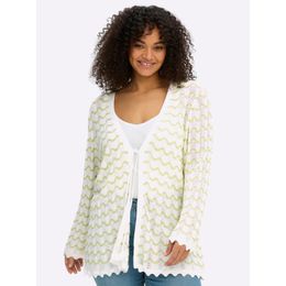 sheego Gro&szlig;e Gr&ouml;&szlig;en Ajourstrickjacke mit Wellenmuster, ecru-pistazie, Gr&ouml;&szlig;e 52/54 - Damen