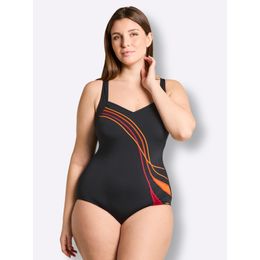 Sunflair sheego Gro&szlig;e Gr&ouml;&szlig;en Badeanzug in figurschmeichelnder Optik, schwarz-orange, Gr&ouml;&szlig;e 46C - Damen