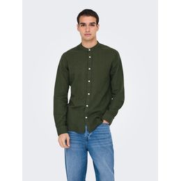 Only & Sons Langarmhemd ONLY & SONS "ONSCAIDEN LS SOLID LINEN MAO SHIRT NOOS", Herren, Gr. XL, N-Gr, gr&uuml;n (kambaba), Web, Obermaterial: 55% Baumwolle, 45% Leinen, unifarben, slim fit, Rundhals, 2-Knopf-Manschette, Hemden