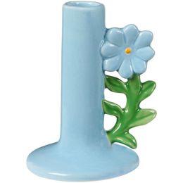 IB Laursen Keramik Kerzenhalter Retro mit Blumen-Detail 10,6 x 7,9 x 13,2 cm, hellblau skandinavische Deko Online Shop