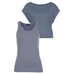 H.I.S. Trainingsshirt H.I.S "2-tlg. Set: Shirt & Top", Damen, Gr. 38, blau (rauchblau), Obermaterial: 65% Polyester, 35% Viskose. Top: 92% Polyester, 8% Elasthan, unifarben, figurbetont, Rundhals, Shirts Trainingsshirt, Kurzarm, Rundhals, aus Polyester und Viskose, mit stylischen Badges, Topseller