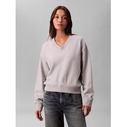 Sweatshirt Calvin Klein Jeans "LS TERRY WOVEN LABEL VNK SWEATSH", Damen, Gr. M (40), history grau heather, Sweatware, Obermaterial: 86% Baumwolle, 14% Polyester, unifarben, regular fit normal, V-Ausschnitt, eingesetzt Rippb&uuml;ndchen, Sweatshirts Sweatshirt, Regular fit mit V-Ausschnitt