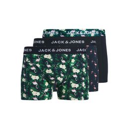 Jack & Jones Trunk JACK & JONES "JACFLAMINGO FLOWER TRUNKS 3 PACK SN", Herren, Gr. L, 3 Stk., schwarz pack:chambray blau, schwarz, Jersey, Obermaterial: 95% Baumwolle, 5% Elasthan, bedruckt, unifarben mit Farbeinsatz, figurbetont, Unterhosen Trunk