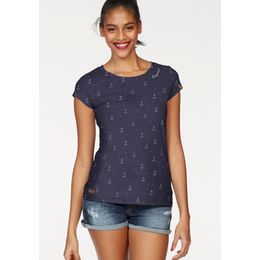 T-Shirt Ragwear "FLORAH A ORGANIC O", Damen, Gr. L (40), blau (navy 2028), Single Jersey, Obermaterial: 70% Baumwolle, 30% Polyester, bedruckt, gemustert, kontrastfarbene Details, mehrfarbig, figurbetont normal, Rundhals, Shirts T-Shirt, mit maritimen Anker-Allover-Druck, Topseller