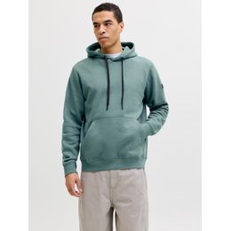 Jack & Jones Kapuzensweatshirt JACK & JONES "JCOFUSION SWEAT BADGE HOOD", Herren, Gr. XS, north atlantic, angeraute Sweatware, Obermaterial: 52% Polyester, 48% Baumwolle, unifarben, relaxed fit normal, ohne Ausschnitt, Sweatshirts Kapuzensweatshirt
