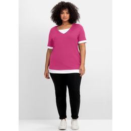 2-in-1-Shirt sheego "2-in-1-Shirt", Damen, Gr. 48/50, fuchsia, wei&szlig;, 60% Baumwolle, 40% Polyester, gemustert, mehrfarbig, Rundhals, Shirts 2-in-1-Shirt