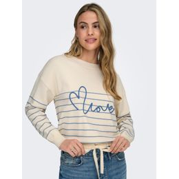 Rundhalspullover Only "ONLSIGNE LIFE LS TEXT DETAI ONECK CC KNT", Damen, Gr. XL, wei&szlig;cap gray detail:mel, riviera blau stripe, love, Strick, Obermaterial: 50% Viskose, 27% Nylon, 23% Polyester, bedruckt, gestreift, regular fit normal, Rundhals, Pullover Rundhalspullover, mit Bindeband und Schriftzug Detail vorn