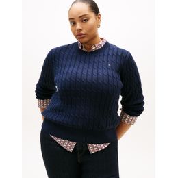 Rundhalspullover Tommy Hilfiger Curve "CRV CO CABLE MID GG C-NK LS SWT", Damen, Gr. 46, schwarz night navy, Strick, Obermaterial: 100% Baumwolle, unifarben, Rundhals, Rippb&uuml;ndchen, Pullover Rundhalspullover, in gro&szlig;en Gr&ouml;&szlig;en, mit Zopfmuster
