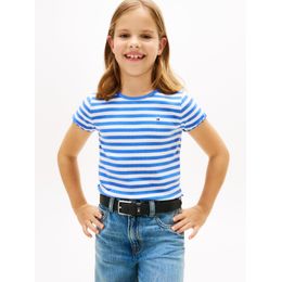 T-Shirt Tommy Hilfiger "ESSENTIAL RIB TOP mit Babylock-Kanten und Stickerei", M&auml;dchen, Gr. 8 (128), empire blau stripes, Rippware, Obermaterial: 95% Baumwolle, 5% Elasthan, normal h&uuml;ftlang, Rundhals, Rollkante, Shirts T-Shirt, unifarben, casual, regular fit, Baumwollmix, Rundhals