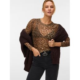 V&eacute;ro Moda Langarmshirt VERO MODA "VMLOVA LS MESH TOP JRS NOOS", Damen, Gr. XS, braun (silber mink aop:leo), Jersey, Obermaterial: 90% Polyester, 10% Elasthan, bedruckt, slim fit normal, Rundhals, Shirts Langarmshirt