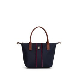 Tragetasche Tommy Hilfiger "POPETTE MINI TOTE CORP", Damen, Gr. B/H/T: 30cm x 18,5cm x 14cm, dunkelblau, Leder, Textil, Taschen Tragetasche, Damen Umh&auml;ngetasche, Handtasche, Schultertasche mit farbigen Streifen