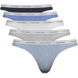 Tanga "THONG 5 PK", Damen, Gr. XS (34), shoreline, blau descent, wei&szlig;, gre, Jersey, Obermaterial: 90% Baumwolle, 10% Elasthan, Calvin Klein Underwear, unifarben, k&ouml;rpernah, Unterhosen Tanga, K&ouml;rpernahe Passform