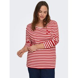 Langarmshirt Only CARMAKOMA "CARBODIL L/S O-NECK BLOUSE JRS", Damen, Gr. S, barbados cherry stripes:cloud dancer, with emb. hearts, Jersey, Obermaterial: 63% Polyester, 33% Baumwolle, 4% Elasthan, gestreift, regular fit normal, Rundhals, Shirts Langarmshirt, Materialmix, regular fit