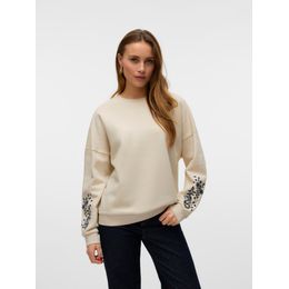 V&eacute;ro Moda Sweatshirt VERO MODA "VMKAROL BEA LS SWEAT BOX JRS GA", Damen, Gr. XS, birch detail:navy embroidery on sleeves, Sweatware, Obermaterial: 52% Baumwolle, 48% Polyester, unifarben mit Farbeinsatz, loose fit normal, Rundhals, Sweatshirts Sweatshirt, mit Blumendruck