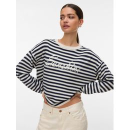 V&eacute;ro Moda Strickpullover VERO MODA "VMAPPLE LS O-NECK PULLOVER BOO", Damen, Gr. XL, birch stripes:navy blazer, Strick, Obermaterial: 80% Polyester, 20% Nylon, gestreift, regular fit, Rundhals, Pullover Strickpullover, mit trendigem "Sunshine" Schriftzug