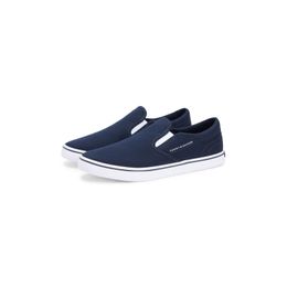Slip-On Sneaker Tommy Hilfiger "VULC CORE SLIP ON", Damen, Gr. 43, dunkelblau, Baumwolle, unifarben mit Farbeinsatz, Schuhe Slip-On Sneaker, Freizeitschuh, Halbschuh, Slipper mit seitlichem Logoschriftzug