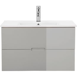 Waschtisch Welltime "Lund Badezimmerschrank Unterschrank mit Becken", grau (eiche, grau, natur), B:81cm H:50cm T:46cm, MDF, Waschtische, Waschtisch, Waschplatz mit Waschbecken und 2 Ausz&uuml;gen Breite 80 cm