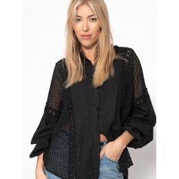 SASSYCLASSY Leinen Bluse mit Spitze in Schwarz | Gr.: L
