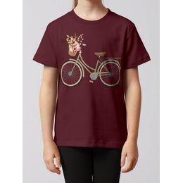 wat? Apparel T-Shirt Fahrrad mit Blumen in Weinrot | Gr.: 152-164