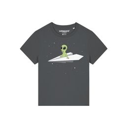 wat? Apparel T-Shirt Alien on a paper plane in Grau | Gr.: 34