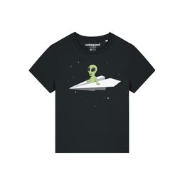 wat? Apparel T-Shirt Alien on a paper plane in Schwarz | Gr.: 34