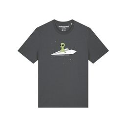 wat? Apparel T-Shirt Alien on a paper plane in Grau | Gr.: 56