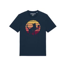 wat? Apparel T-Shirt Sunset Katze & Rotwein in Dunkelblau | Gr.: 48